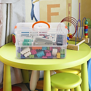 Yesland Large 2 Layer Stack & Carry Box,13.75 x 10 x 7.5 Inch Plastic Multipurpose Stackable Craft Storage Box Container with Orange Handle, Portable Organizer Box for Stationery, Sewing, Art Craft