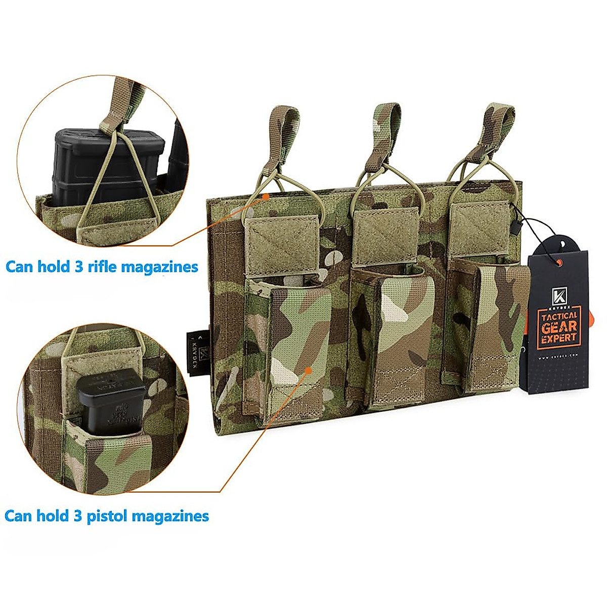 KRYDEX Triple Open-Top Mag Pouch for 5.56 .223 Magazine with 1911 HK45 Glock Pistol Mag Pouch (MC)