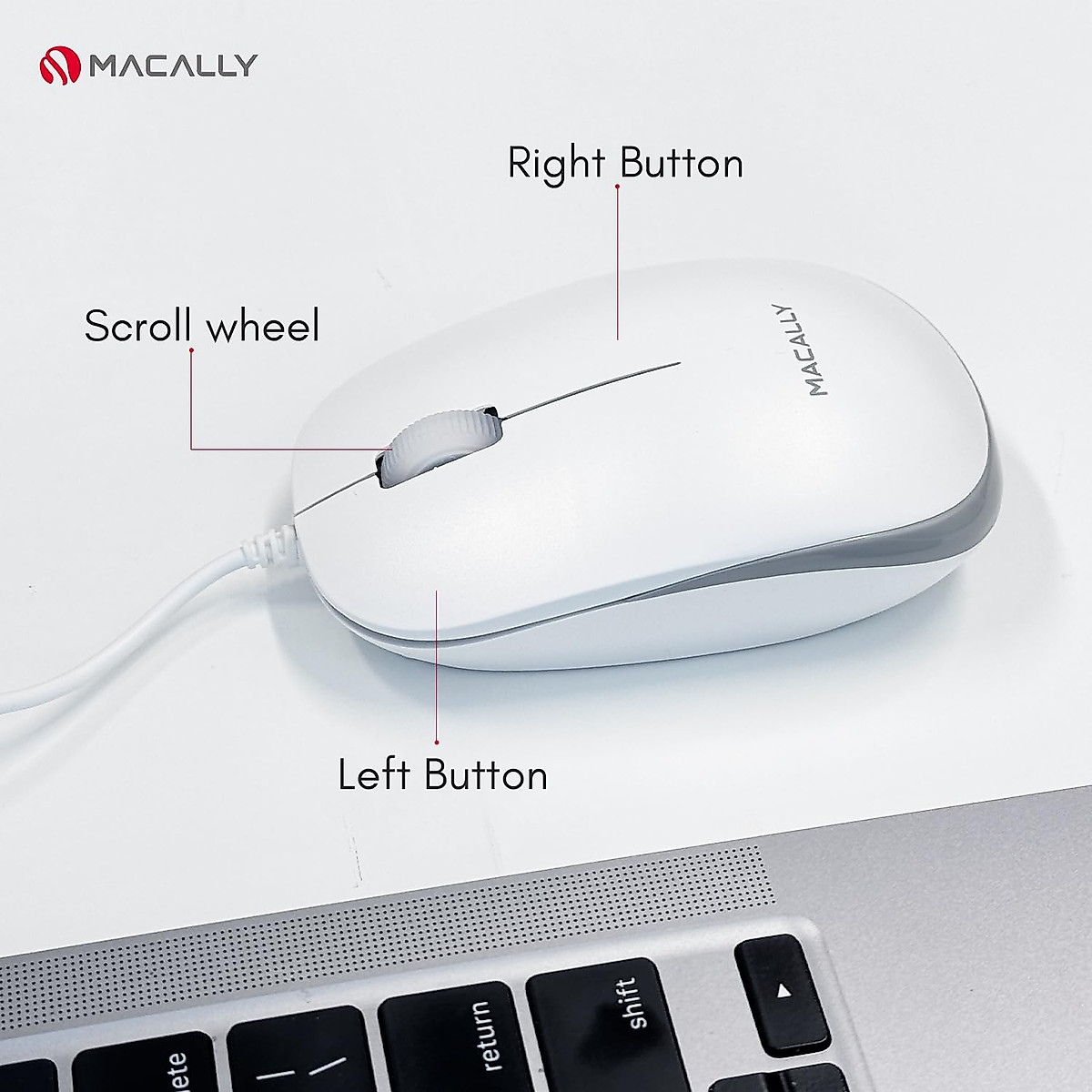 Macally USB Wired Mouse for Mac and Windows - Simple 3 Button Corded Computer Mouse Wired, Scroll Wheel Layout with Long Wire Cord - Plug and Play USB Mouse Wired for Laptop, PC Desktop, Notebook