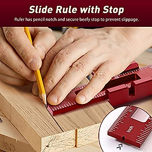 3Pcs Woodworking Ruler, 6/8/12 Inch Precision Pocket Ruler with Stops, Aluminum Metal Ruler, Inch and Metric Measuring Ruler for Woodworker, Machinist, Engineer (Red)