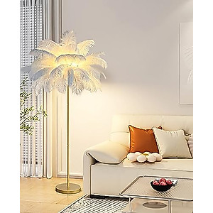 GOYQGLE Floor Lamp Gold,62.9in Ostrich Feather Floor Lamp with Foot Switch / 6-Light*G4,Golden Lamp Body with Plug in Wire,Bulb Included,Simple Modern Bedroom and Living Room
