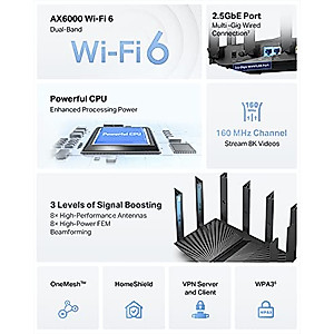 TP-Link AX6000 Wi-Fi 6 Router (Archer AX80) – Dual Band, 2.5 Gbps WAN/LAN Port, 8K Streaming,Wireless Internet Router with OneMesh and AP Mode, Long Range Coverage, WPA3, Beamforming