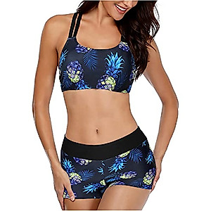 Yonique Tankini Swimsuits for Women 3 Piece Bathing Suits Swim Tank Top with Boy Shorts and Bra Modest Swimwear Black&Leaf XL