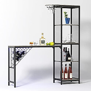 QNICE LED Lights Bar Table with Shelves/Modern Kitchen Counter Height Dining Table/Lounge or Dining Room Storage Pub Table/Dark Rustic Oak/Easy Assembly