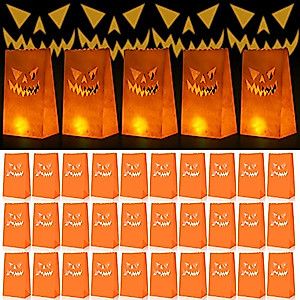 Halloween Luminary Bags Outdoor Paper Pumpkin Lantern Bags Flame Resistant Jack-o'-Lantern Bags Halloween Silhouette Luminary Candle Bags for Halloween, Party, Home Decorations (48 Pieces)