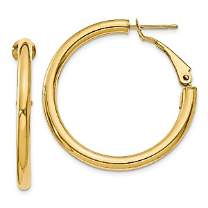 14K Yellow Gold 3x25mm Round Omega Clip Back Post Hoop Earrings