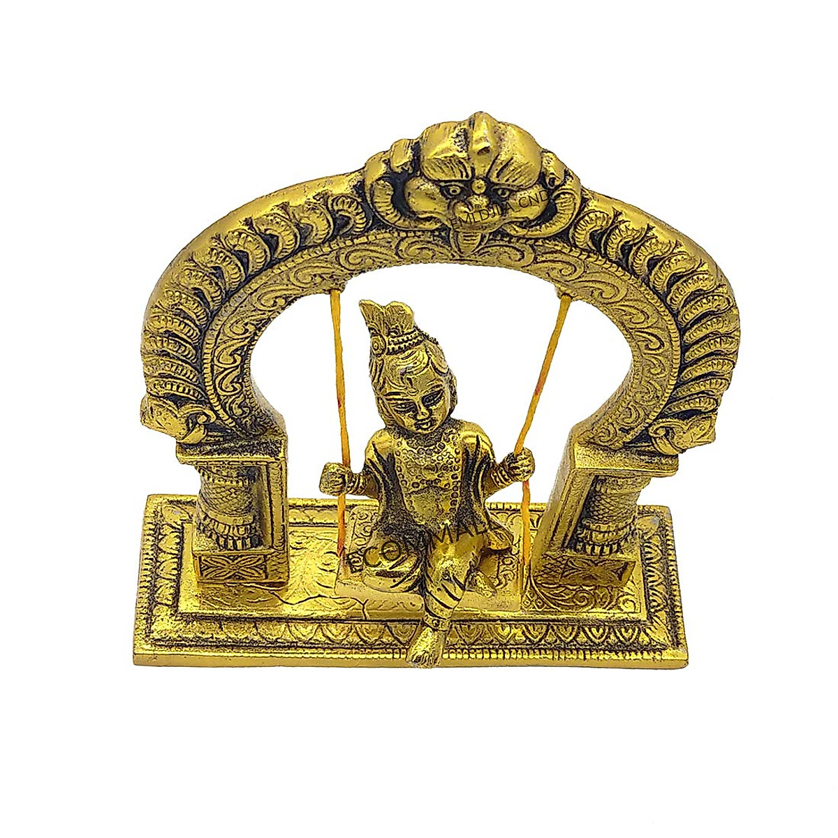 Ecommall Laddu Gopal Metal Solid Jhula Swing with Ladoo Gopal Murti Handicraft Showpiece Idol for Temple/Home/Office (Gold, Medium)