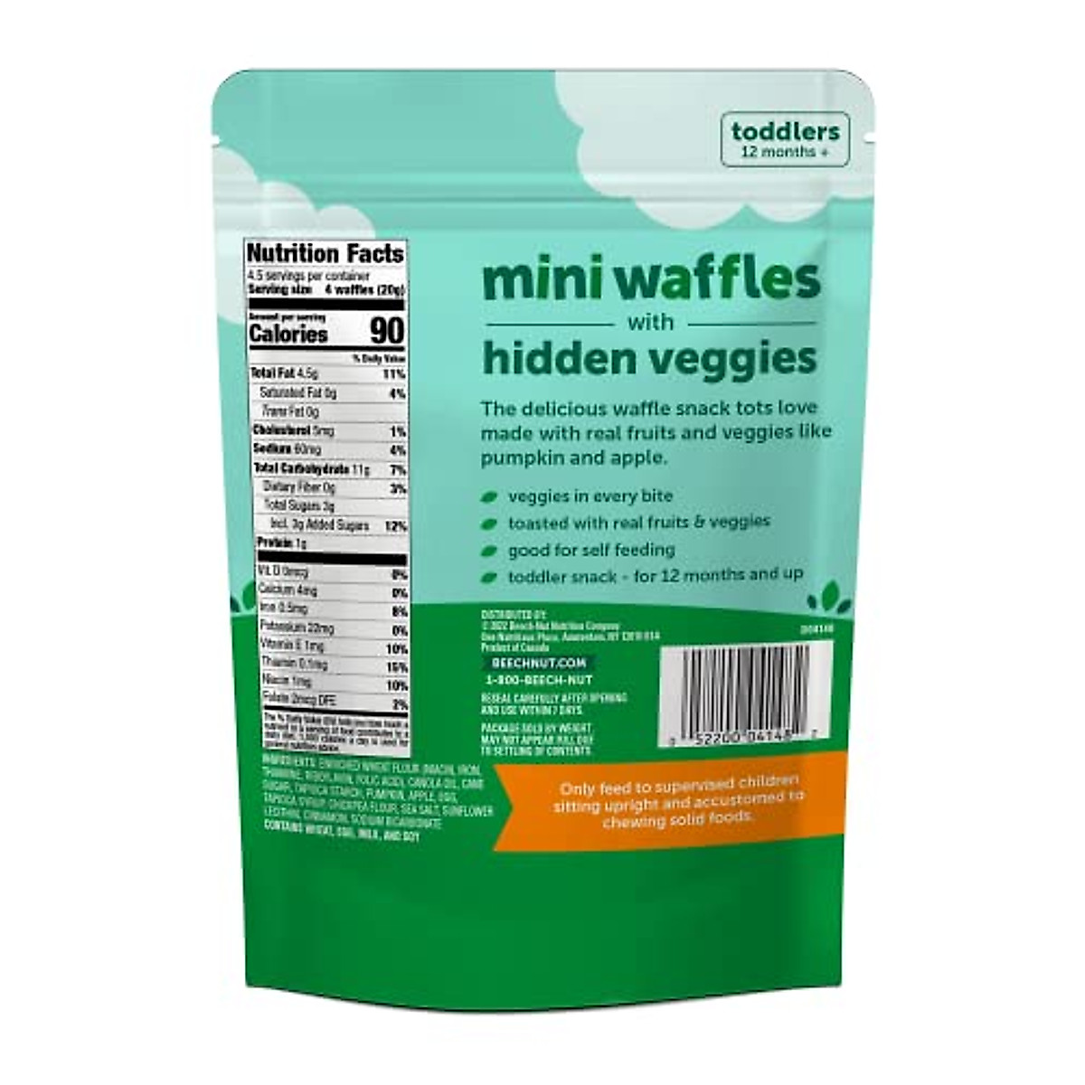 Beech-Nut Toddler Snacks, Mini Waffles with Hidden Veggies, Pumpkin Apple Cinnamon, Non-GMO, 3.2 oz Bag (7 Pack)