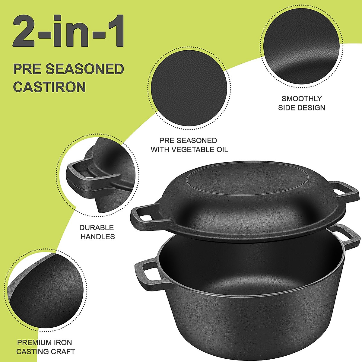 RAINBEAN 2-in-1 Pre-Seasoned Cast Iron Dutch Oven Pot with Skillet Lid Cooking Pan,5.5 QT Dual Handles Dutch Oven Pot with Lid,Heavy-Duty Non-stick Round Dutch Oven for Bread Baking, Stewing, Roasting