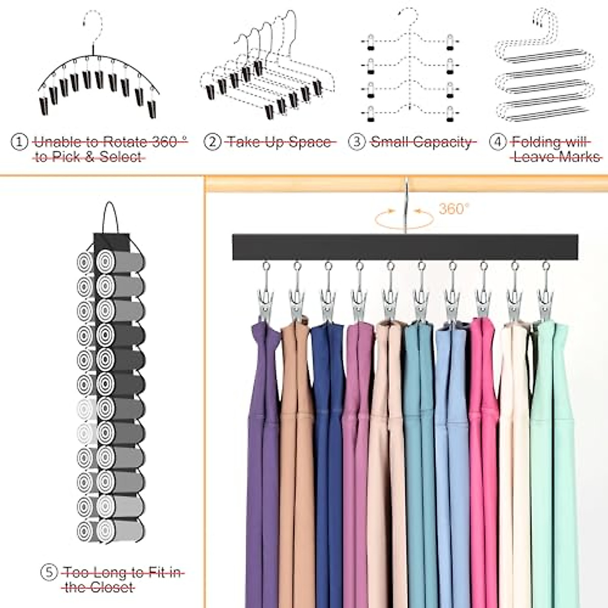 Closet Organizer, Legging Organizer for Closet, Wooden Hangers with Clips Holds 20 Leggings/Pants/Jeans/Shorts, Hanging Closet Organizer w/Rubber Coated, 360°Rotating Hook, Space Saving, 2Pcs Black