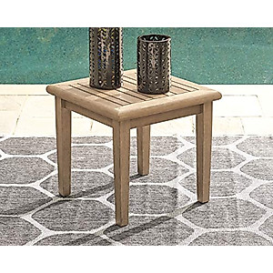 Signature Design by Ashley Clare View Coastal Outdoor Patio Eucalyptus Sofa with Cushions, Beige & Gerianne Outdoor Eucalyptus Patio End Table, Light Brown