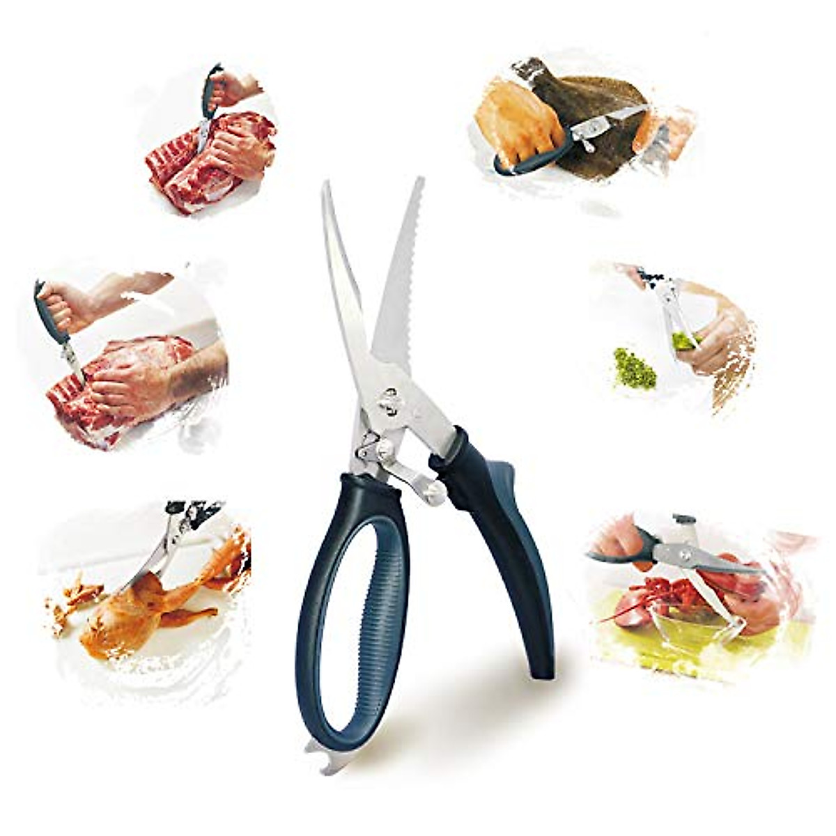 Gerior Spring Loaded Poultry Shears - Heavy Duty Kitchen Scissors for Cutting Chicken, Poultry, Game, Bone, Meat - Chopping Food, Herb - Stainless Steel - Black