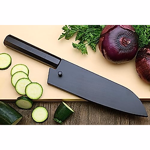 Yoshihiro Kurouchi Black-Forged Blue Steel Stainless Clad Santoku Multipurpose Knife Ebony Handle (6.5'' (165mm) & Saya)