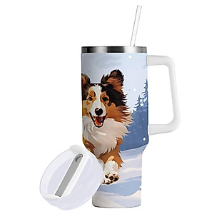 MCHIVER White Cute Sheltie Snow Tumbler with Lid and Straw 40 oz Insulated Water Bottle Leakproof Tumblers for Coffee Water Tea