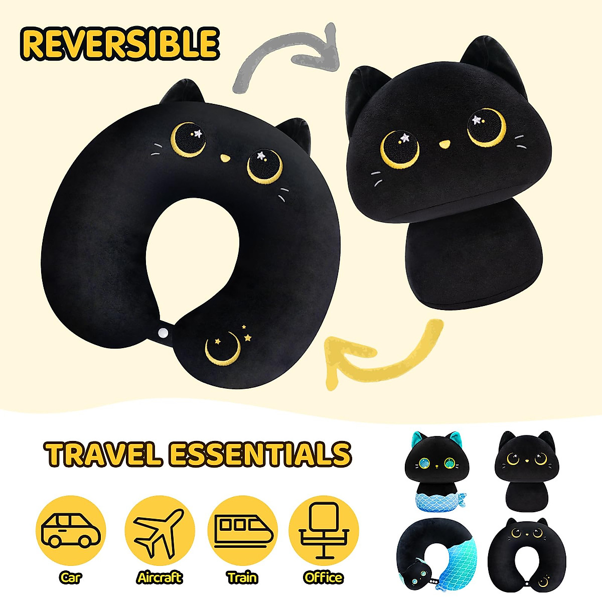 Kids Travel Pillow, 2 in 1 Deformable Kids Neck Pillow with U-Shaped Pillow & Cute Black Cat Animal Reversible Plush Toy for Airplane, Car, Train