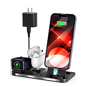 3 in 1 Charging Station, Foldable Charging Stand for Multiple Apple Devices Compatible with iPhone, iWatch, Air Pods, 18W Fast Charge Portable Travel Charger with QC3.0 Adapter