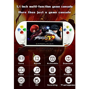 CZT 5.1-inch multi-function video game console color crystal buttons built-in 9600 games MP3MP4 lithium battery game archive AV OUT DV/DC hand-held gaming device (White)
