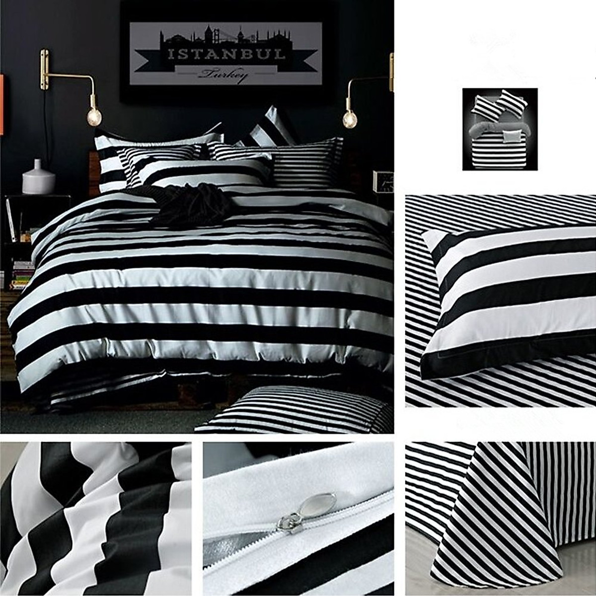 UKELER Black and White Striped Duvet Cover Set Modern Luxury Cotton Queen Bedding, 4 Pieces