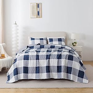 Soul & Lane Checks and Stripes Quilts Set - King Size with 2 Shams, Blue and White Buffalo Plaid Quilted Bedspread, Lightweight Navy Checkered Gingham Bedding, Cozy Lodge-Style Check Design
