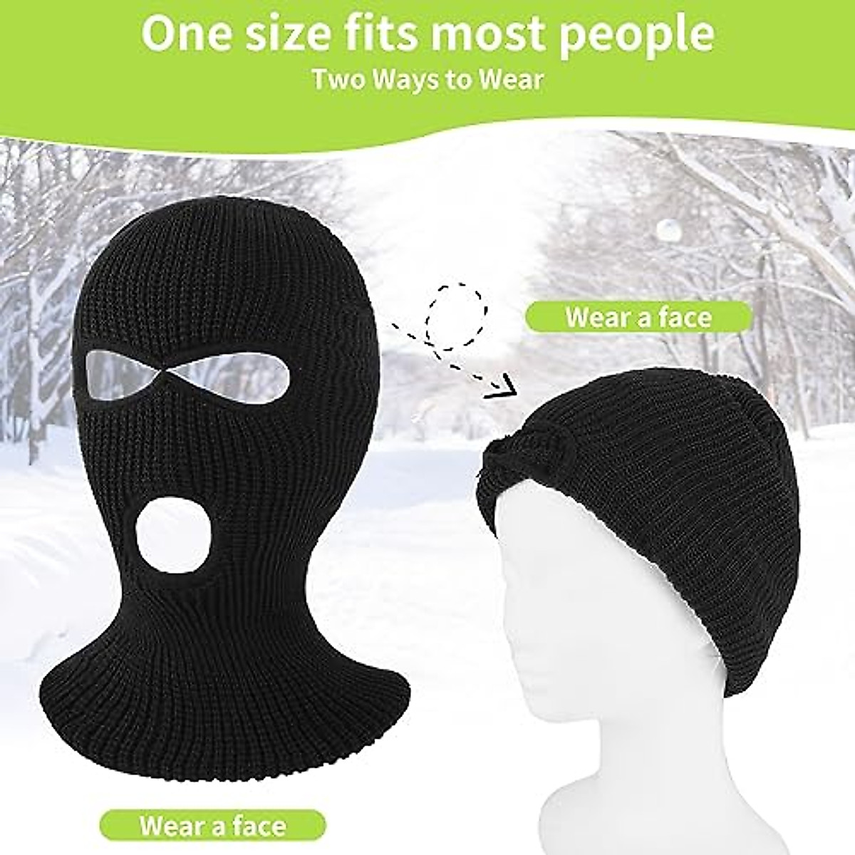 Sibba 2 Pcs 3 Hole Winter Knitted Mask Black Full Face Ski Mask Winter Warm Face Cover Balaclava Winter Face Mask Beanie Face for Men Women Outdoor Sports Cycling Motorcycle Snowboard