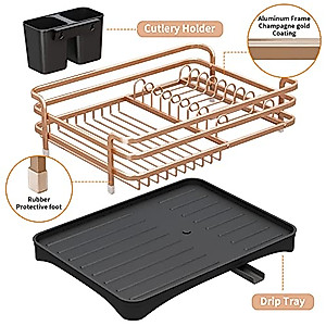 XILIDIA Dish Drying Rack with Drainboard, Aluminum Rust Proof Dish Dryer Rack with Removable Cutlery Holder and Drain Strainers for Kitchen Counter