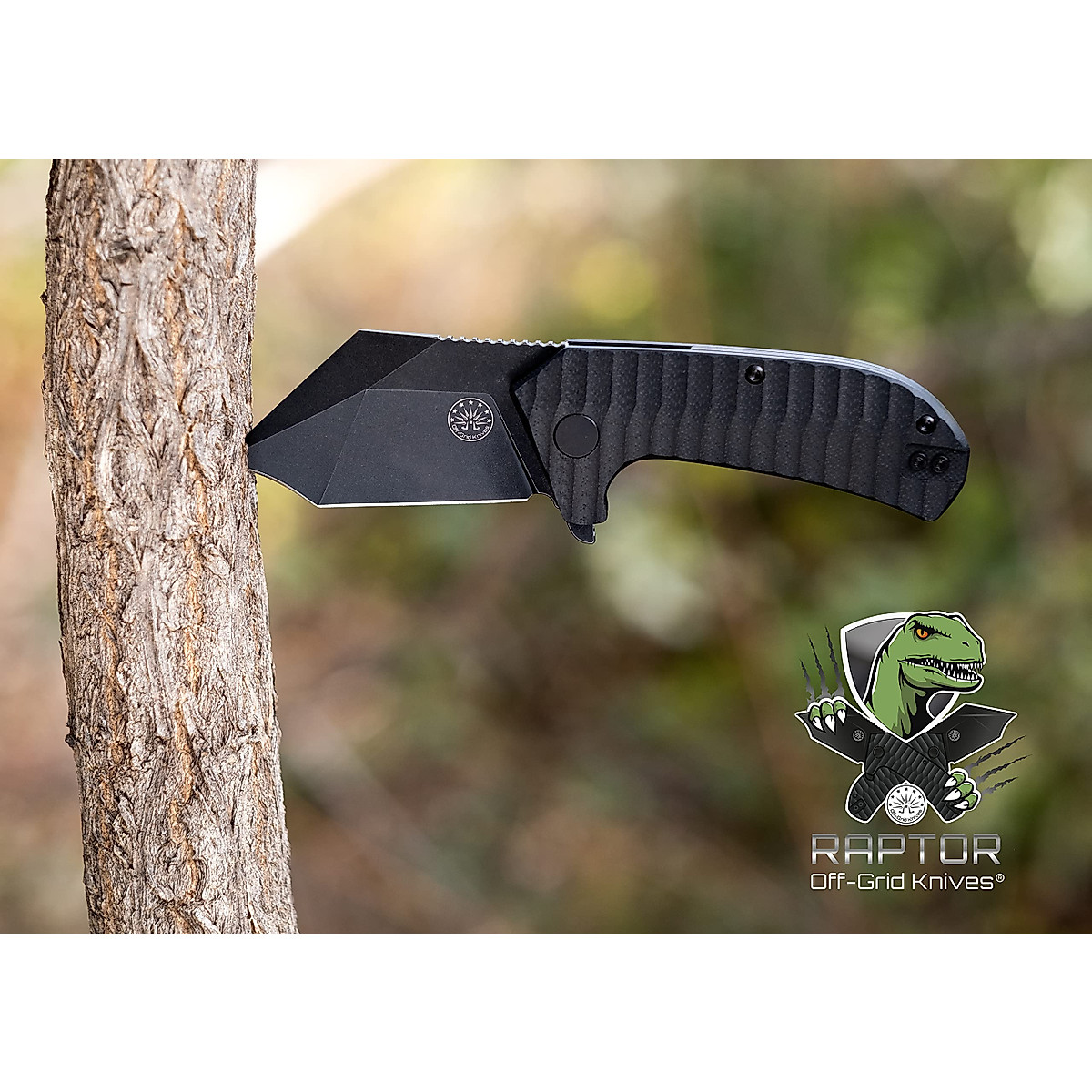Off-Grid Knives - Raptor EDC Folding Knife with Tumbled Black D2 Steel, Grippy G10, Bearings, Deep Carry Left & Right, Hawkbill Tip, Stout Everyday Carry