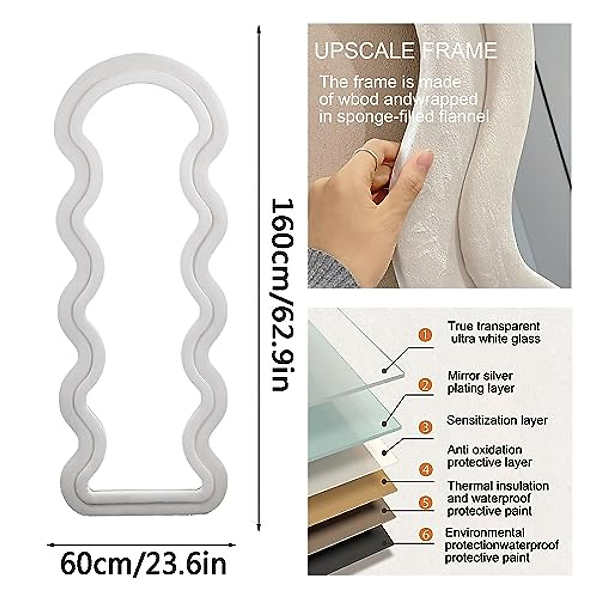 LOVDECORT Irregular Wavy Full Length Mirror, 63" x 24" Shatter-Resistant Selfie Leaner Mirror, Standing Floor Mirror for Hanging & Leaning Against Wall with Velvet Wrapped Wooden Frame(White)