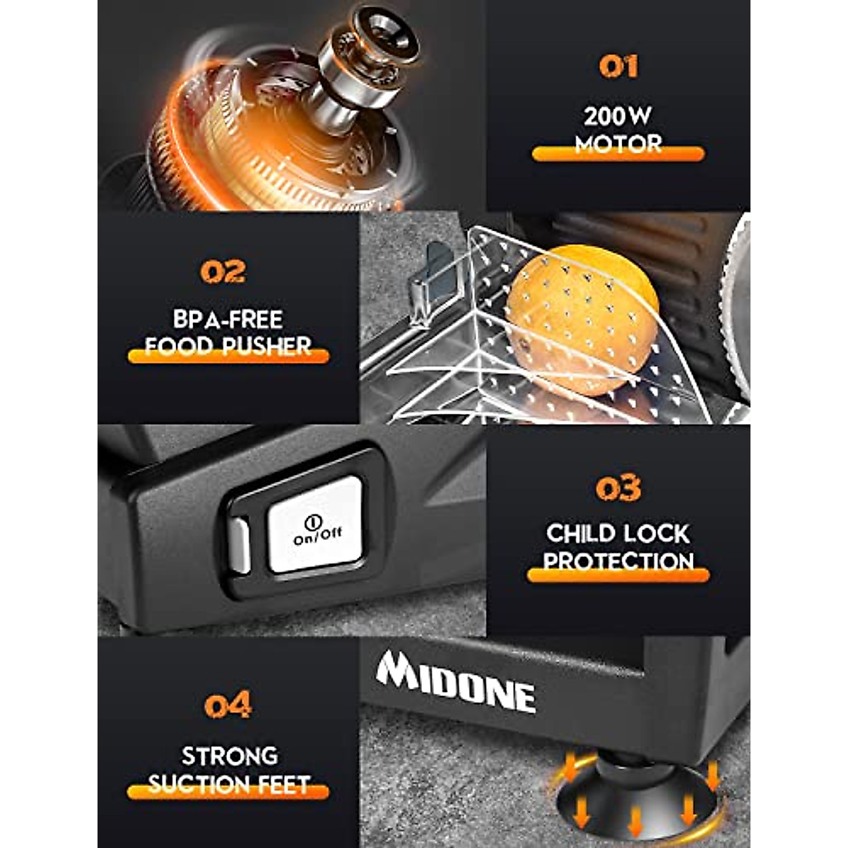 MIDONE Meat Slicer 200W Electric Deli Food Slicer with Two Removable 7.5’’ Stainless Steel Blade, Adjustable Thickness for Home Use, Child Lock Protection, Black