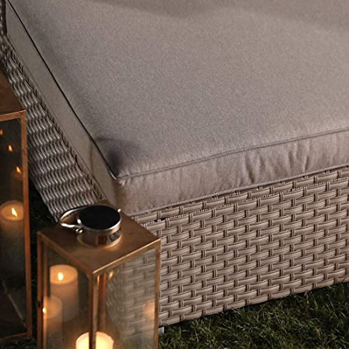 COSIEST Outdoor Furniture Add-on Ottoman for Expanding Wicker Sectional Sofa Set w Warm Gray Thick Cushion for Garden, Pool, Backyard