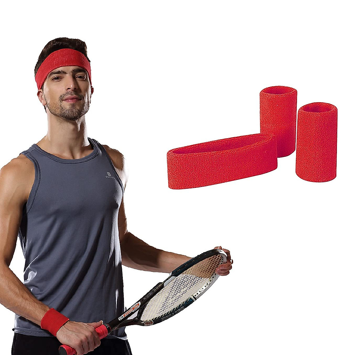 Sweatbands (Headband/Wristband Set) for Working Out,80's costume party (Red, OneSize)