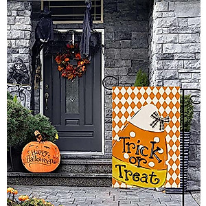ORTIGIA Trick or Treat Garden Flag Vertical Double Sided 12x18inch Halloween Funny Candy Small Garden Flag Buffalo Check Plaid Seasonal Flag Farmhouse Rustic Holiday Burlap Yard Décor