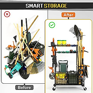 Garden Tool Organizer for Garage, Garden Tool Rack on Wheels, Garage Tool Tower Rack, Yard Tool Holder for Garage, Shed, Garden, Garage, Outdoor, Heavy Duty Steel, Black, Garage Organizer