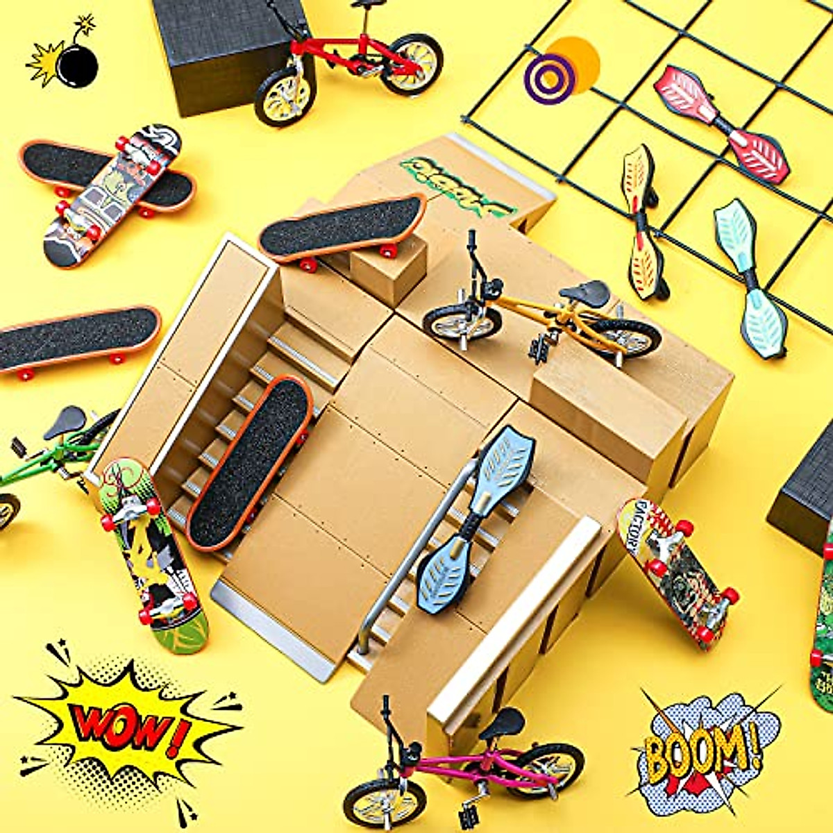 37 Pcs Skate Park Kit Finger Skateboard Ramp Fingerboard Skatepark Finger Boarding Skate Park Mini Finger Toys Set Including Finger Bike Skateboards Swing Board with Adjustment Tools for Training Prop