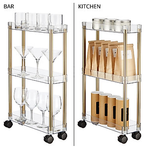 mDesign Slim Portable 3-Tier Household Rolling Storage Cart for Bathroom, Kitchen, Craft Room, Laundry Room, Office, and Kid's Playroom - 4 Rotating Wheels - Clear/Soft Brass