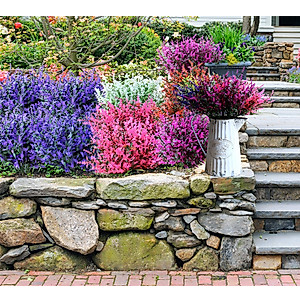 Gormiya 10pcs Outdoor Artificial Lavender Flowers UV Resistant Plastic Fake Lavender Purple Plants Faux Greenery Hanging Floral Arrangement for Window Box Garden Backyard Porch Home (Pink)