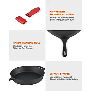 DARTMOOR Pre-Seasoned Cast Iron Skillet, 12 in Cast Iron Frying Pan with Handle, Protective Covers, & Pour Spouts, Safe Grill Cookware with Non-Stick Surface, Cast Iron Pan for Indoor & Outdoor Use