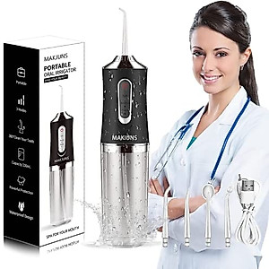 MAKJUNS Water Flosser Cordless Teeth Cleaner with 3 Modes 4 Jets Rechargeable IPX7 Waterproof Dental Oral Irrigator for Travel Home Braces(Ivory Black)