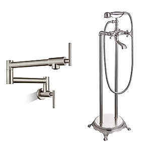 Cinwiny Pot Filler Wall Mount Kitchen Restaurant Sink Faucet Stainless Steel Stretchable Commercial with Brushed Nickel Free standing Bathtub Faucet Floor Mount Tub Filler Double Cross Knobs