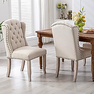 DUOMAY Modern Tufted Dining Chairs Set of 2, Linen Upholstered Dining Room Chairs Armless Guest Side Chair for Kitchen Dining Room, Wingback Accent Chairs with Solid Wood, Beige