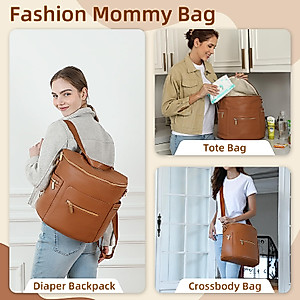 miss fong Diaper Bag Backpack Baby Diaper Bag, Large Leather Diaper Bag Backpack with Changing Pad, Stroller Straps, and 2 Insulated Pockets(Convertible, Brown)