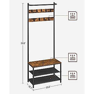 VASAGLE Hall Tree with Bench and Shoe Storage, Entryway Bench with Coat Rack Stand and Shoe Rack, 9 Removable Hooks, Top Bar, Fabric Shelves, Industrial, Rustic Brown and Black UHSR411B01