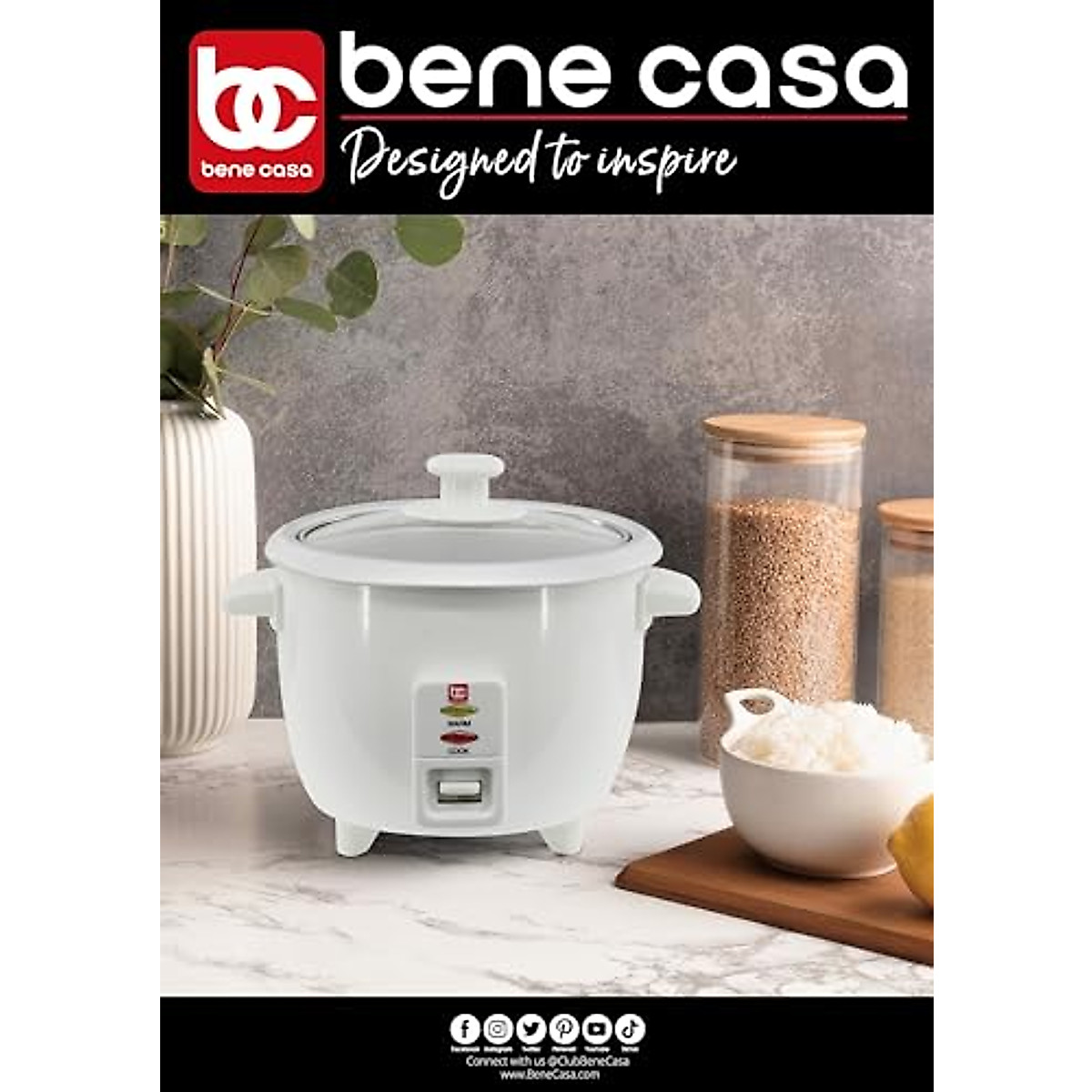 Bene Casa - Rice Cooker with Glass Lid - Includes Nonstick Aluminum Inner Pot and a 12 Hour Keep Warm Feature - Cooks Up to 12 Cups of Rice (6 Cups Uncooked)