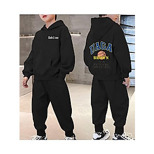 Doomiva Boys Athletic Sweatshirt Hoodie Tracksuit Kids Hooded Tee Shirts and Running Pants Sweatpants with Pockets Set Black 7-8 Years