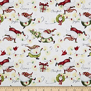 Springs Creative Christmas Gnomes and Lights White, Fabric by The Yard