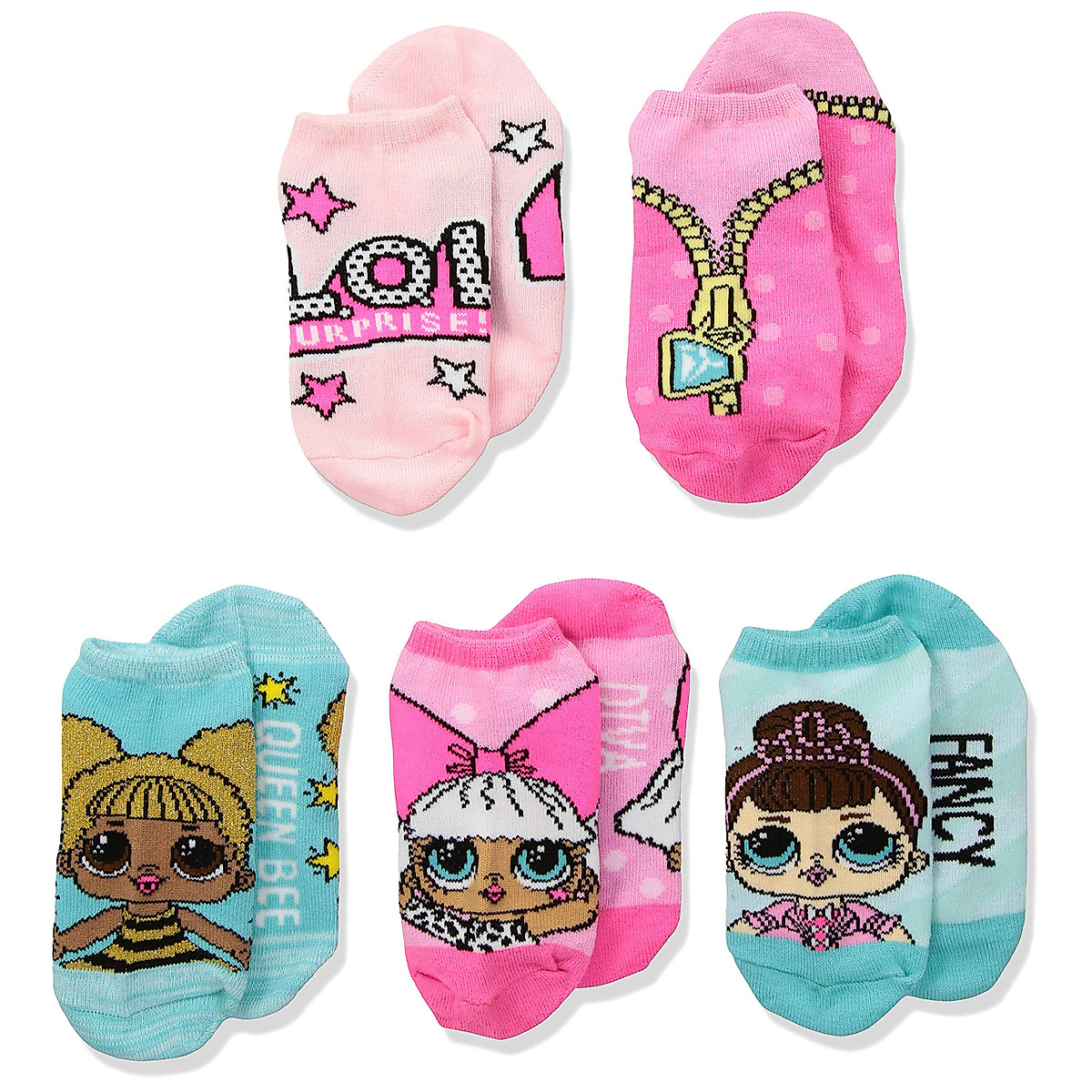 L.O.L. Surprise! Girls' Big 5 Pack No Show, Blue Aqua/Hot Pink, Fits Sock Size 9-11 Fits Shoe Size 4-10.5