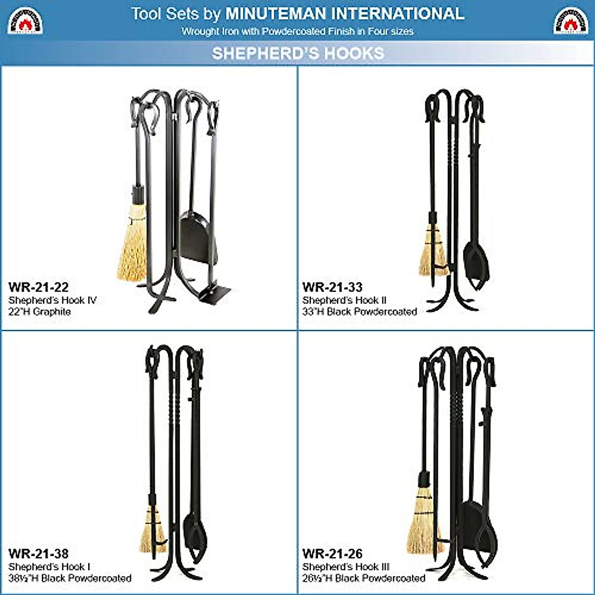 Minuteman International Shepherd's Hook I, 26-in 5-Piece Fireplace Tool Set,WR-21-26,Black