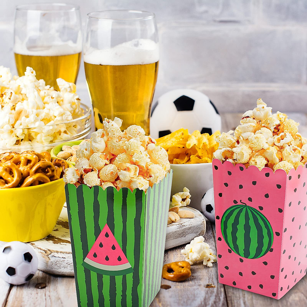 Whaline 24 Pack Watermelon Popcorn Boxes Snack Treat Favor Boxes Melon Print Candy Cookie Container for Watermelon Theme Birthday Favors Movie Night Party Supplies Decoration, 2 Design