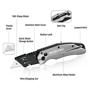 WORKPRO Folding Utility Knife, Heavy Duty Metal, Quick Open Axis Lock Box Cutter, Quick Change Blade Razor Knife, 1PC with 10 Extra SK5 Blades