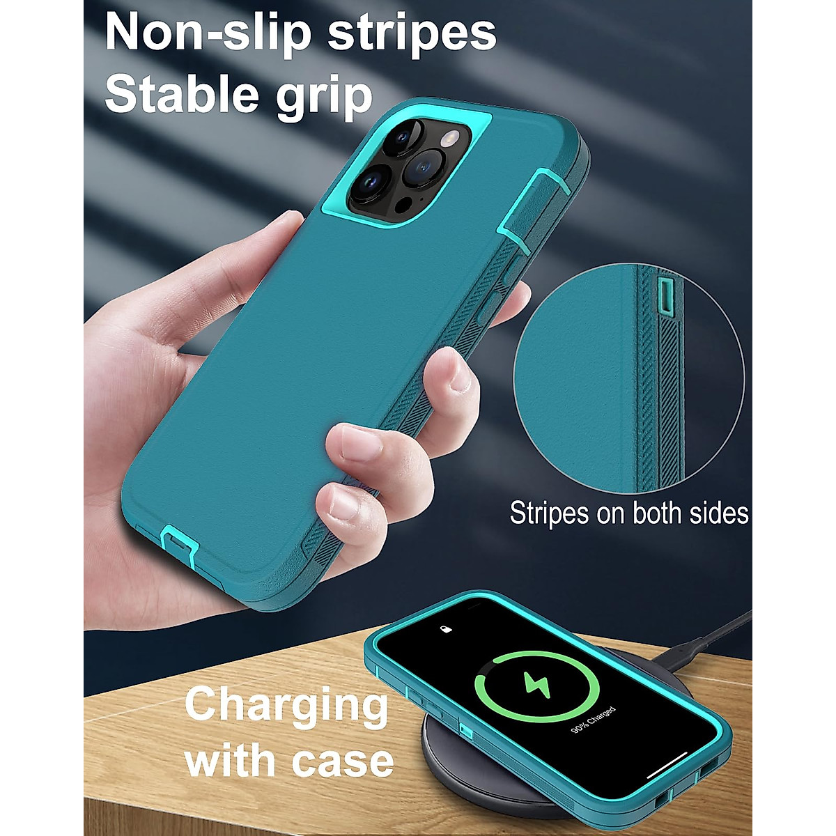 Aliruke for iPhone 13 Pro Max Case, with Screen Protector, Dust-Proof Port Cover, Full-Body Non-Slip Silicone Rubber Covered, Military Grade Drop-Proof Shockproof Phone Case, Mint/Teal