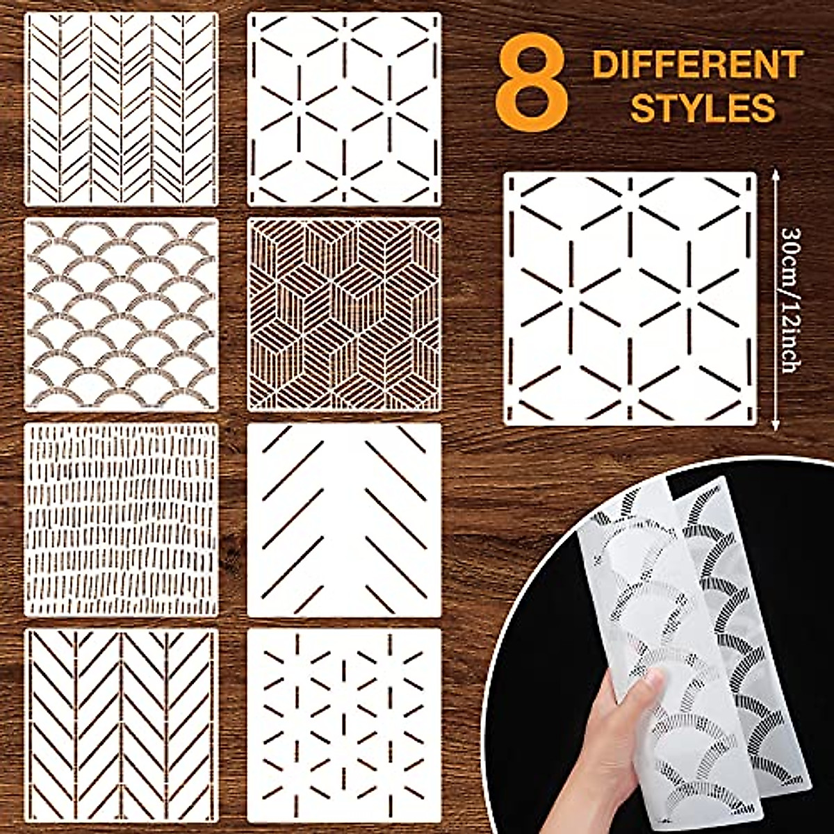8 Pieces 12 x 12 Inch Wall Stencils for Painting Geometric Modern Herringbone Wall Stencils Wall Decor Reusable Film Decorative for Painting, Stencils for Walls, Wall Stencil Pattern (Simple Style)